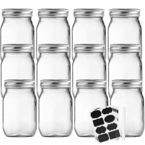 accguan mason jars 16 oz with regular lids and bands, ideal for jam, honey, wedding favors, shower favors, diy magnetic spice jars, 12 pack, 16 labels included