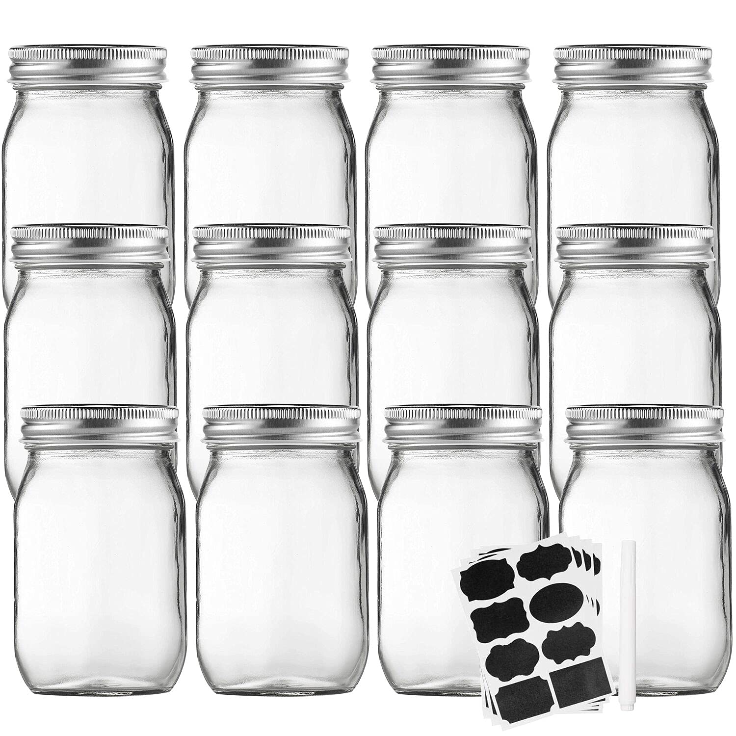 Accguan Mason Jars 16 oz With Regular Lids and Bands, Ideal for Jam, Honey, Wedding Favors, Shower Favors, DIY Magnetic Spice Jars, 12 PACK, 16 Labels Included