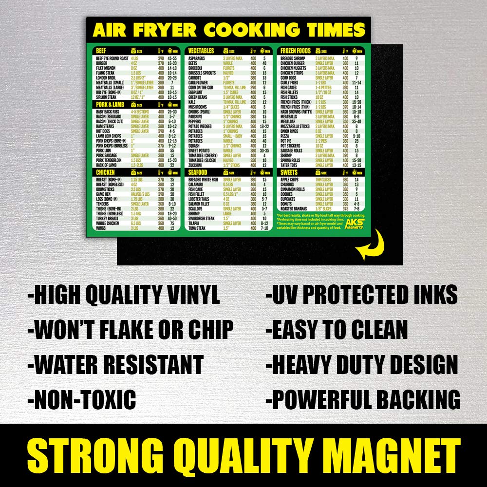 Air Fryer Cooking Times Magnetic Cheat Sheet - Extra Large Easy to Read 11” x 8.5” Airfryer Kitchen Accessory - Quick Reference Guide Magnet for Over 90 Popular Airfry Foods - Cook Healthy Meals Fast