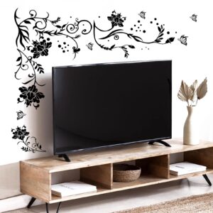 Supzone Flowers Vine Wall Decals Black Flower Wall Stickers Butterfly Floral Wall Decor Removable Vinyl DIY Home Wall Art Stickers for Bedroom Living Room Sofa Backdrop TV Wall Decoration