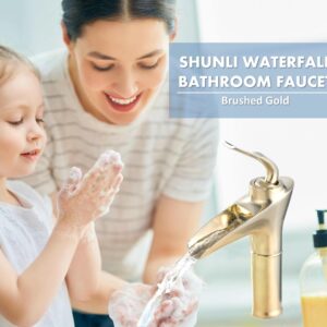 SHUNLI Waterfall Bathroom Faucet Brushed Gold Bathroom Sink Faucet,Single Hole Single Handle Lavatory Vanity Bath Faucet Commercial,Solid Brass