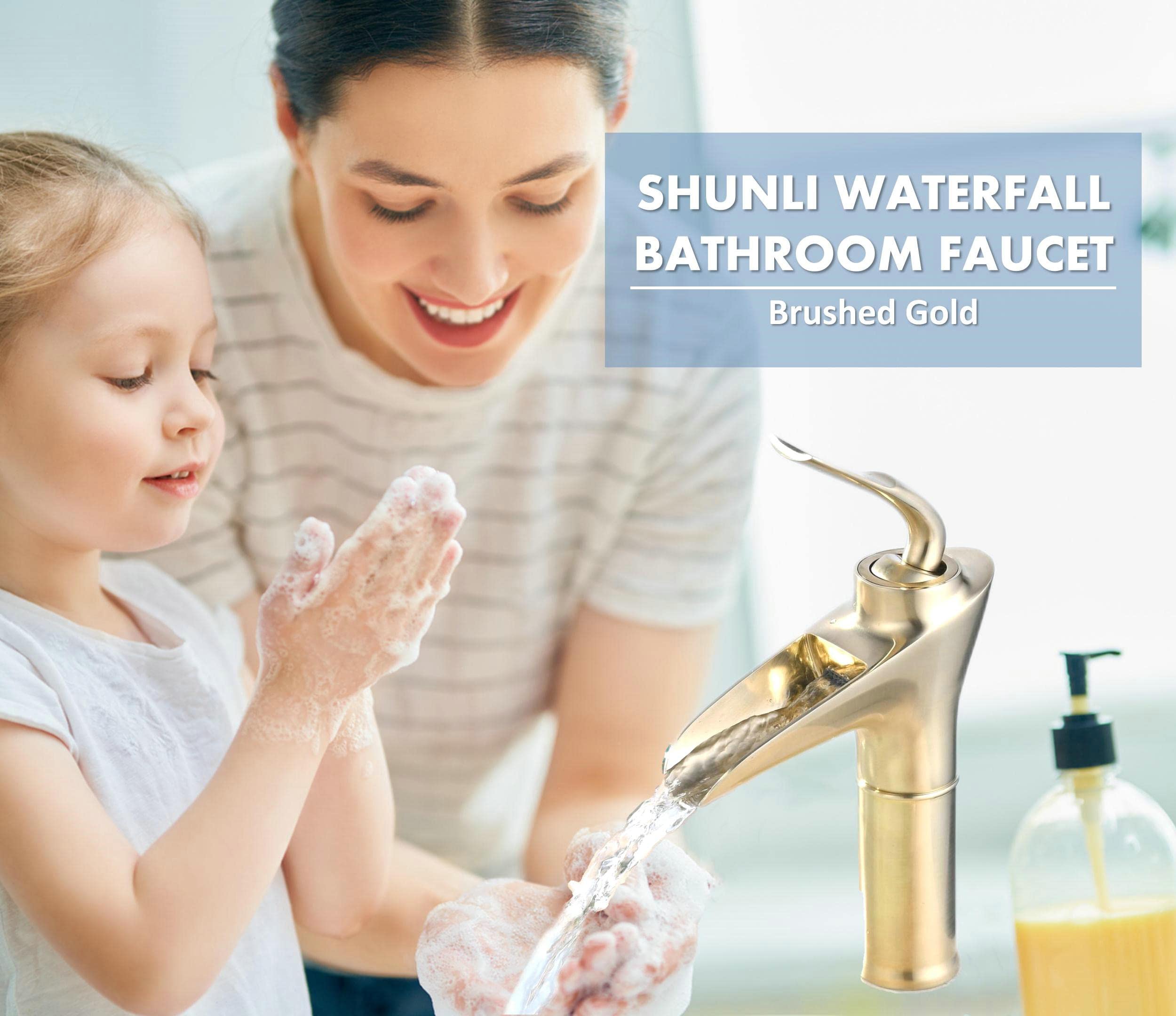 SHUNLI Waterfall Bathroom Faucet Brushed Gold Bathroom Sink Faucet,Single Hole Single Handle Lavatory Vanity Bath Faucet Commercial,Solid Brass