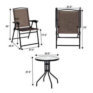 KOTEK Patio Bistro Set, 3 Piece Outdoor Furniture Set w/Round Table & 2 Folding Chairs, Tempered Glass Tabletop, Bistro Table and Chairs for Balcony, Porch, Courtyard, Brown