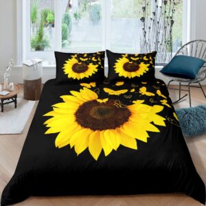 erosebridal sunflower butterfly duvet cover king size girl blooming wild flower bedding set spring plants rustic nature kid comforter cover yellow floral quilt cover, black girly room decor