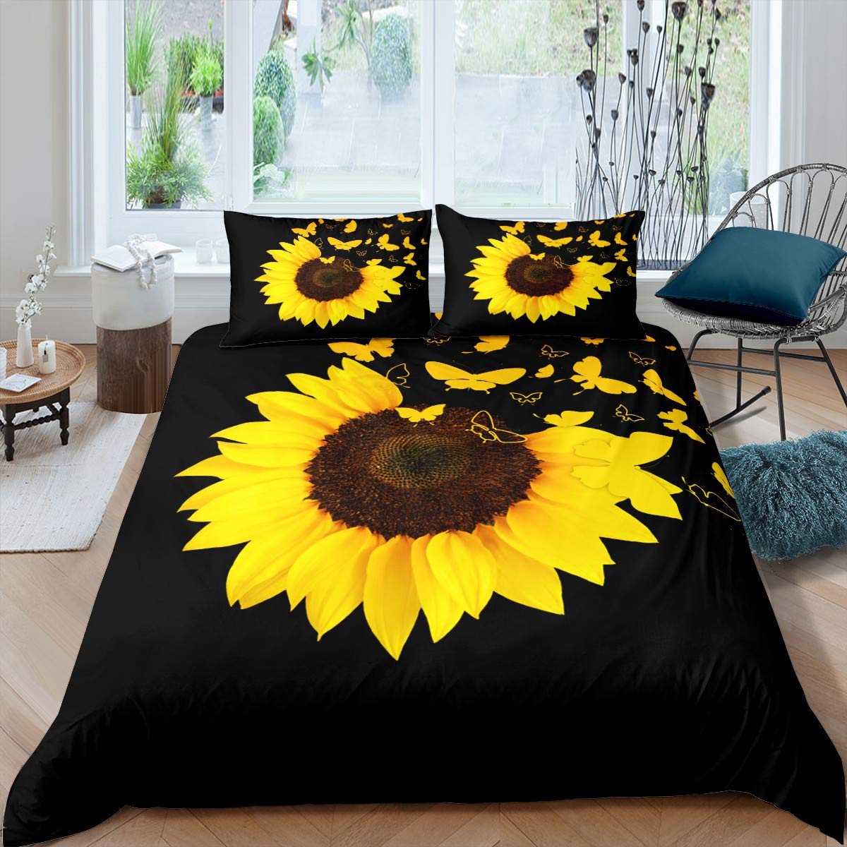 Erosebridal Sunflower Butterfly Duvet Cover King Size Girl Blooming Wild Flower Bedding Set Spring Plants Rustic Nature Kid Comforter Cover Yellow Floral Quilt Cover, Black Girly Room Decor