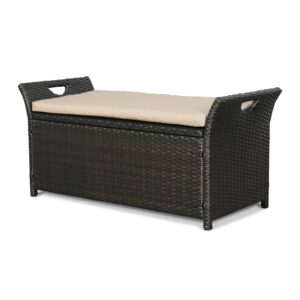 iwicker patio wicker storage bench outdoor rattan deck box with cushion, beige