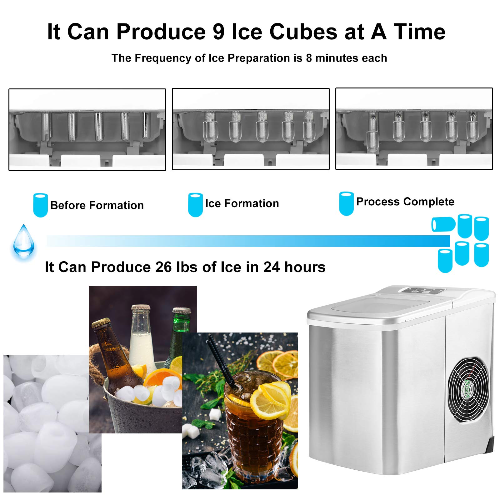 Ice Maker Machine for Countertop,Ice Cubes Ready in 8 Mins,Makes 26 lbs Ice in 24 Hours,Portable Ice Cubes Machine for Homes, Restaurants, Bars, Hotels, Grocery Stores