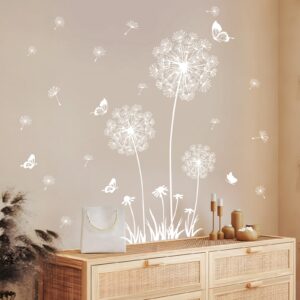 Supzone Dandelion Wall Stickers Flower Wall Decals Butterflies Flying Wall Decors Art Stickers for Bedroom Living Room Sofa Backdrop TV Wall Decor (White Dandelion)