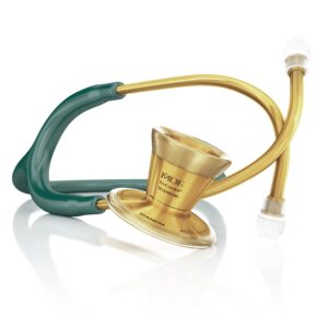 mdf gold procardial cardiology stethoscope, lightweight titanium, adult, dual head, emerald green tube, gold chestpiece-headset, mdf797tk21