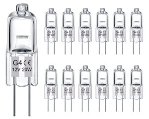 gaormii g4 light bulbs 20w 12v jc t3 bi-pin g4 capsule bulb, 12 pack crystal clear halogen bulb 2 pin, dimmable 2700k warm white with 2 prong g4 base for landscape lighting, chandeliers, desk lamp