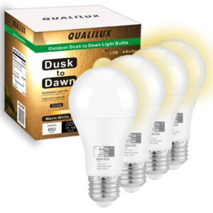 qualilux dusk to dawn light bulbs outdoor 850 lumen, 60w equivalent, warm white 3000k, led 9.5w, non-dimmable, a19, e26 base, 4-pack, hq-h009