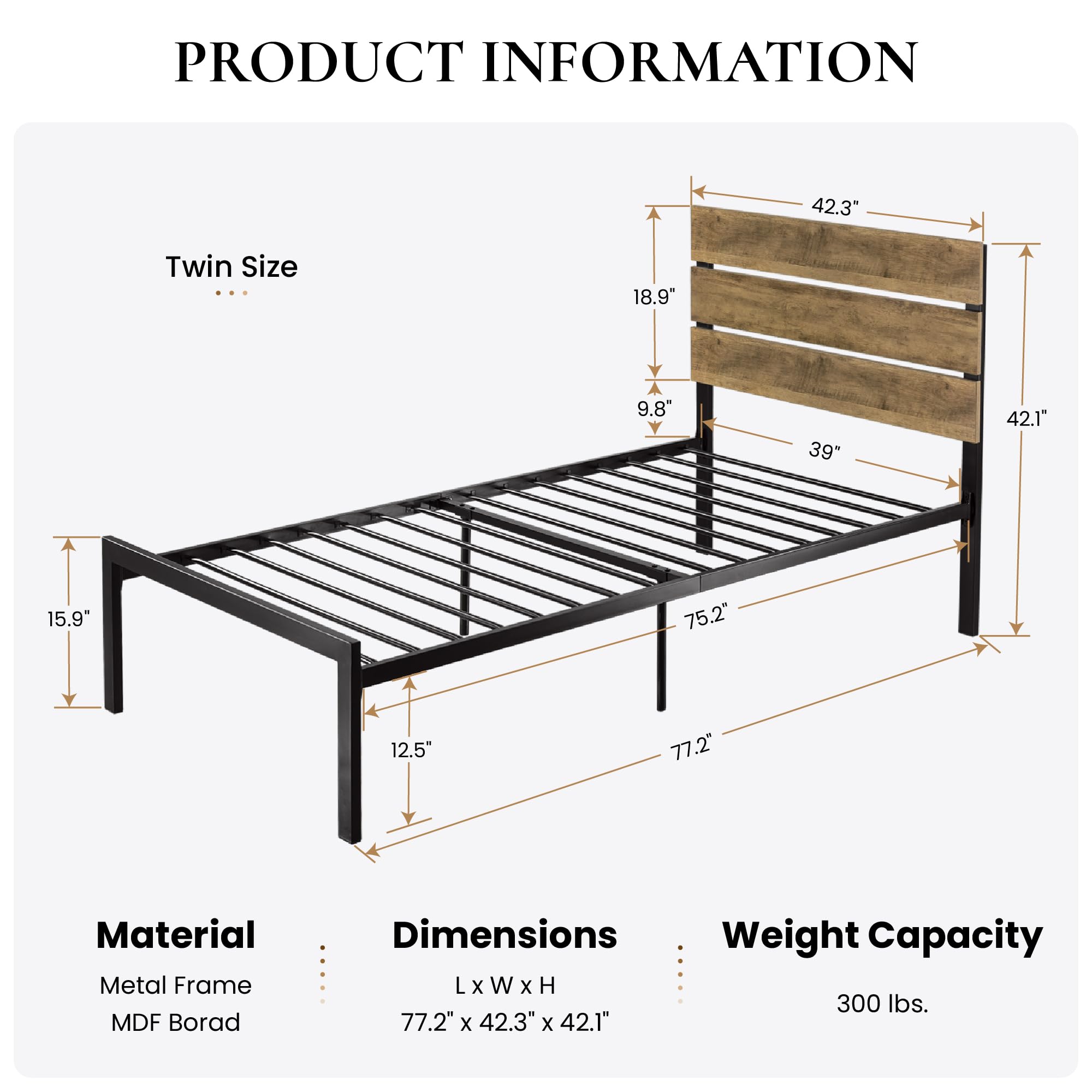 SHA CERLIN Rustic Style Platform Bed Frame Twin Size with Wooden Headboard, Strong Metal Slats Support, Easy Assembly, Light Brown