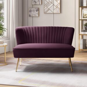 tina's home contemporary velvet loveseat sofa, upholstered loveseat couch with golden metal legs, small tufted 2-seat sofa armless love seat for living room, bedroom, apartment small spaces, purple