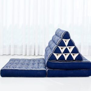 Leewadee - Comfortable Japanese Floor Mattress - Thai Floor Bed with Triangle Cushion - Futon Mattress - Thai Massage Mat, 67 x 21 inches, Blue White, Kapok Filling