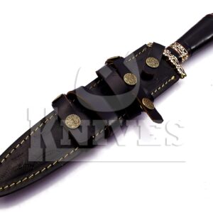 NoonKnives: custom Hand Made Damascus Steel Collectible wavy dagger Knife Handle bull horn with Brass Inserts (Black)