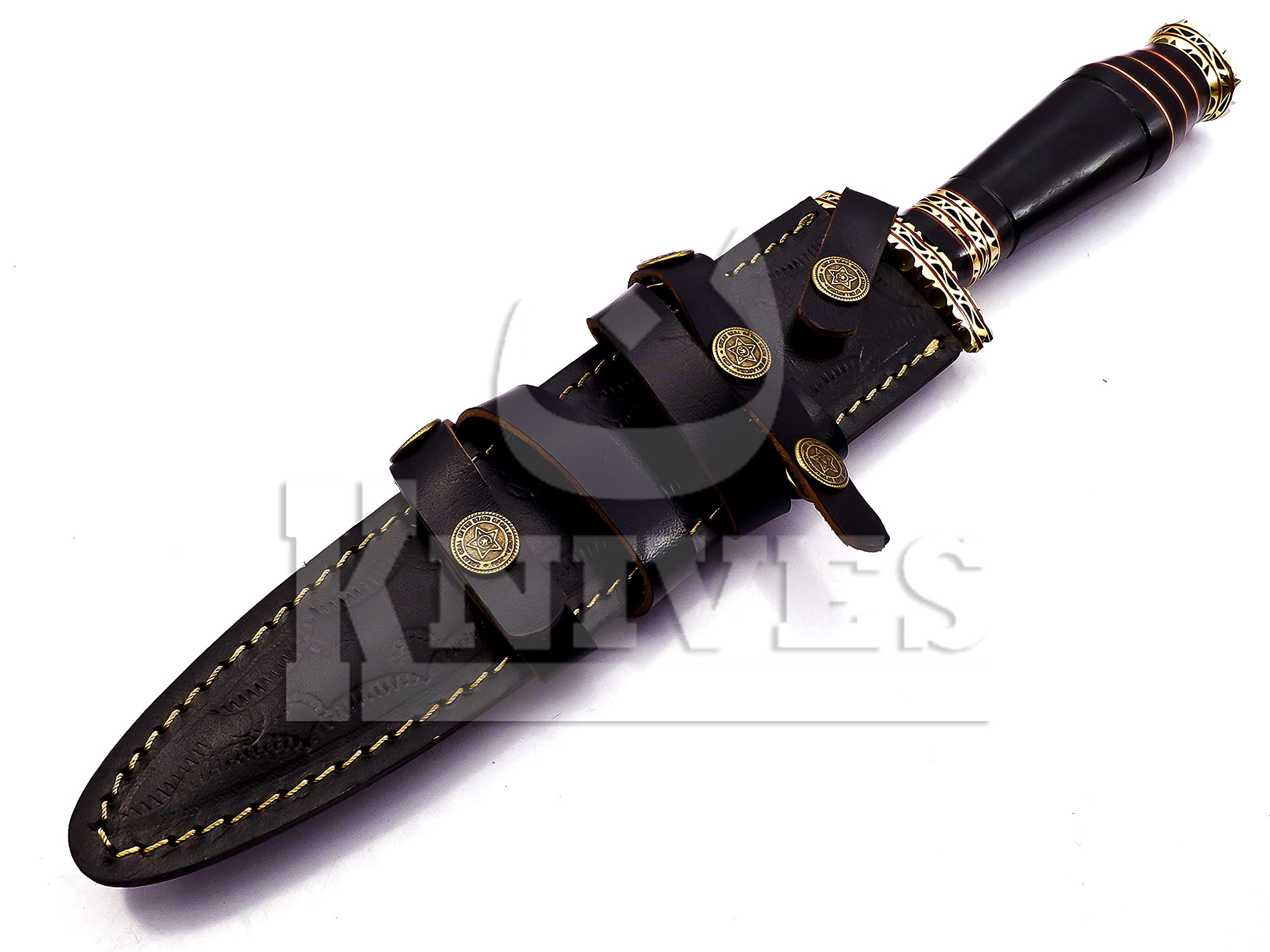 NoonKnives: custom Hand Made Damascus Steel Collectible wavy dagger Knife Handle bull horn with Brass Inserts (Black)