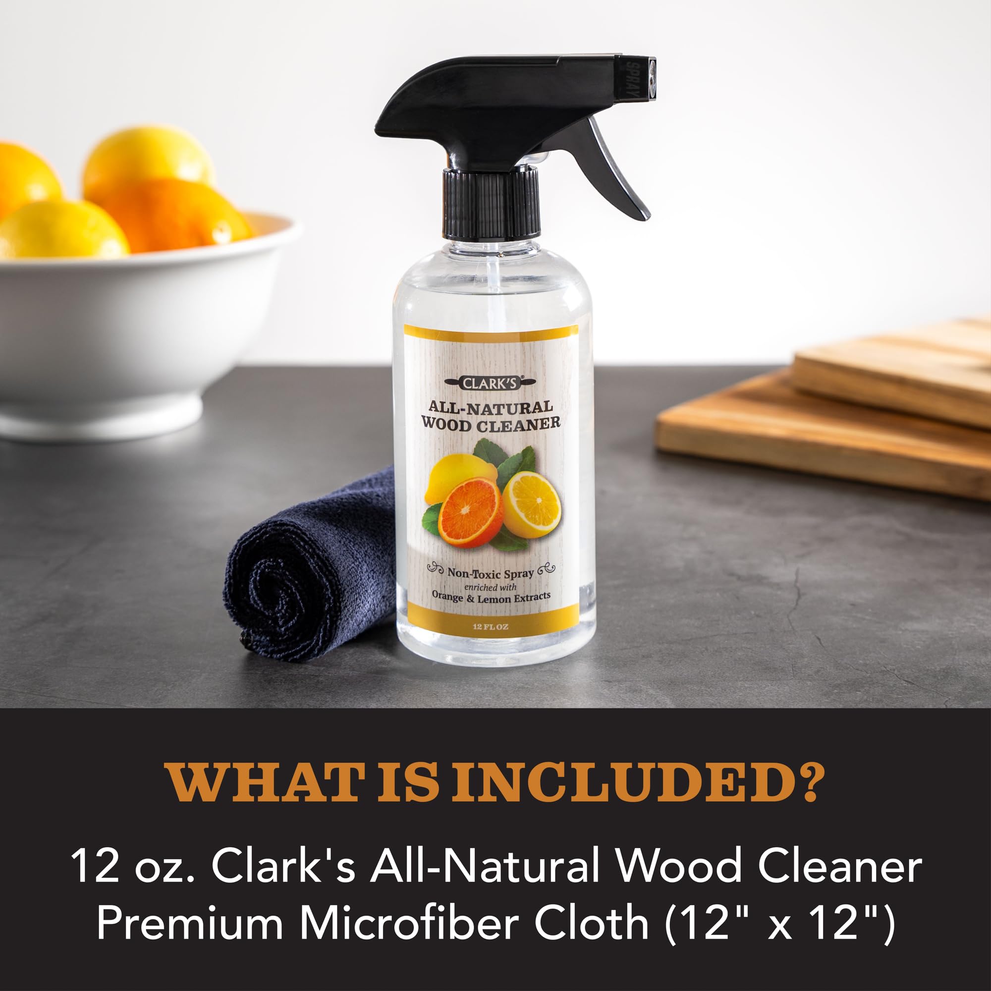 CLARK'S Natural Cutting Board Spray Cleaner, with Microfiber Cloth, for Wood Countertop – Pure Ingredients Filtered Water, Distilled Vinegar, Castile Soap, Lemon & Orange Citrus Oil Extracts, 12oz