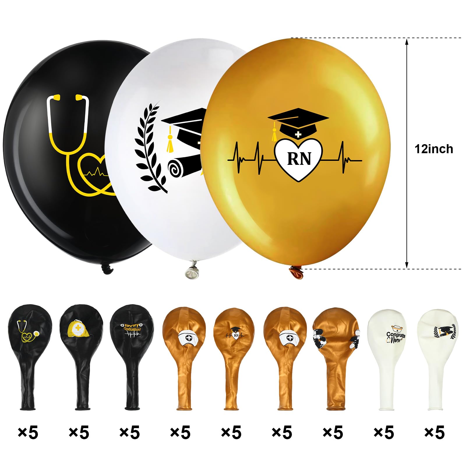 45 Pieces Nurse Balloons 12 Inch Nursing Congrats Graduation Celebration Balloons Decorations Latex Balloons for Nurse Doctor College High School Graduation Party Supplies (Black, Gold, White)