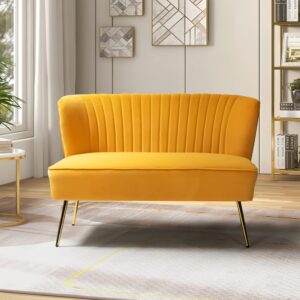 tina's home contemporary velvet loveseat sofa, upholstered loveseat couch with golden metal legs, small tufted 2-seat sofa armless love seat for living room, bedroom, apartment small spaces, mustard