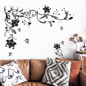 Supzone Flowers Vine Wall Decals Black Flower Wall Stickers Butterfly Floral Wall Decor Removable Vinyl DIY Home Wall Art Stickers for Bedroom Living Room Sofa Backdrop TV Wall Decoration