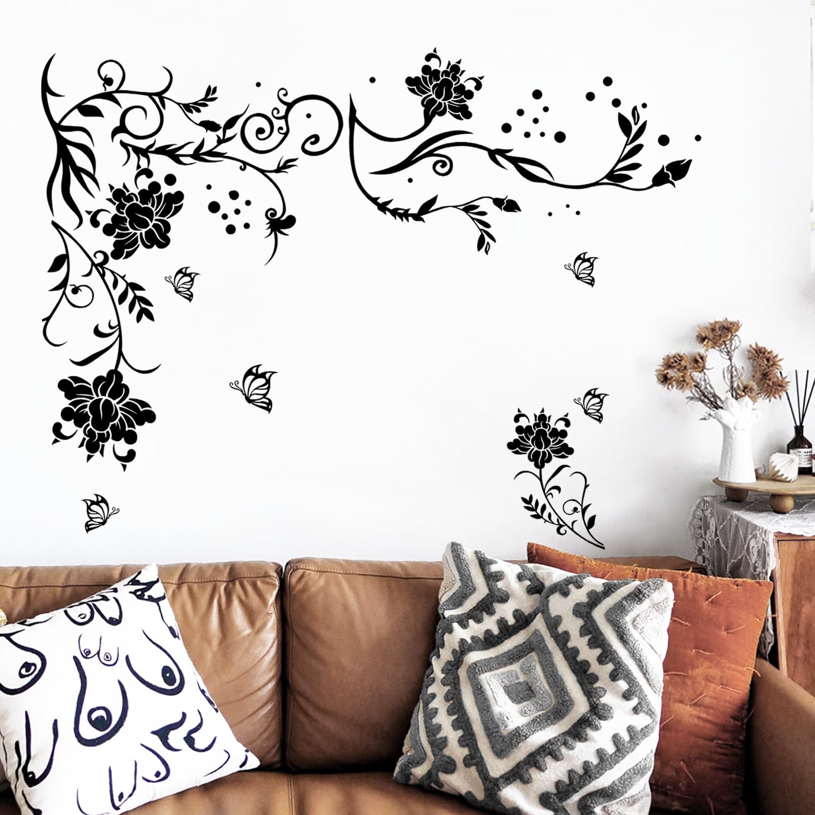 Supzone Flowers Vine Wall Decals Black Flower Wall Stickers Butterfly Floral Wall Decor Removable Vinyl DIY Home Wall Art Stickers for Bedroom Living Room Sofa Backdrop TV Wall Decoration