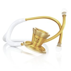 mdf instruments procardial cardiology stethoscope, lightweight titanium, adult, dual head, white tube, gold chestpiece-headset, mdf797tk29