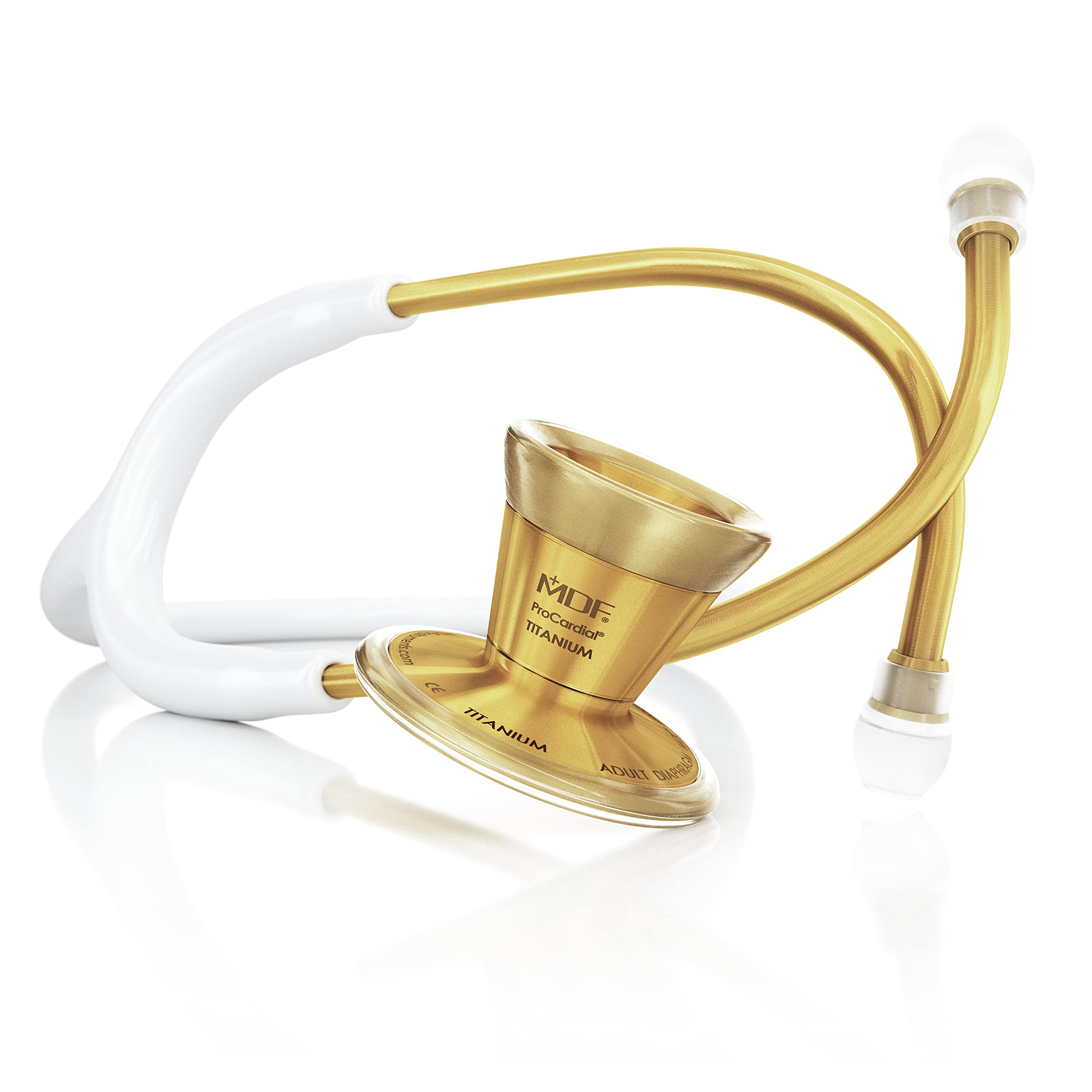 MDF Instruments ProCardial Cardiology Stethoscope, Lightweight Titanium, Adult, Dual Head, White Tube, Gold Chestpiece-Headset, MDF797TK29