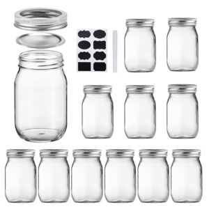 accguan mason jars 16 oz with regular lids and bands, ideal for jam, honey, wedding favors, shower favors, diy magnetic spice jars, 12 pack, 16 labels included