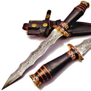 noonknives: custom hand made damascus steel collectible wavy dagger knife handle bull horn with brass inserts (black)