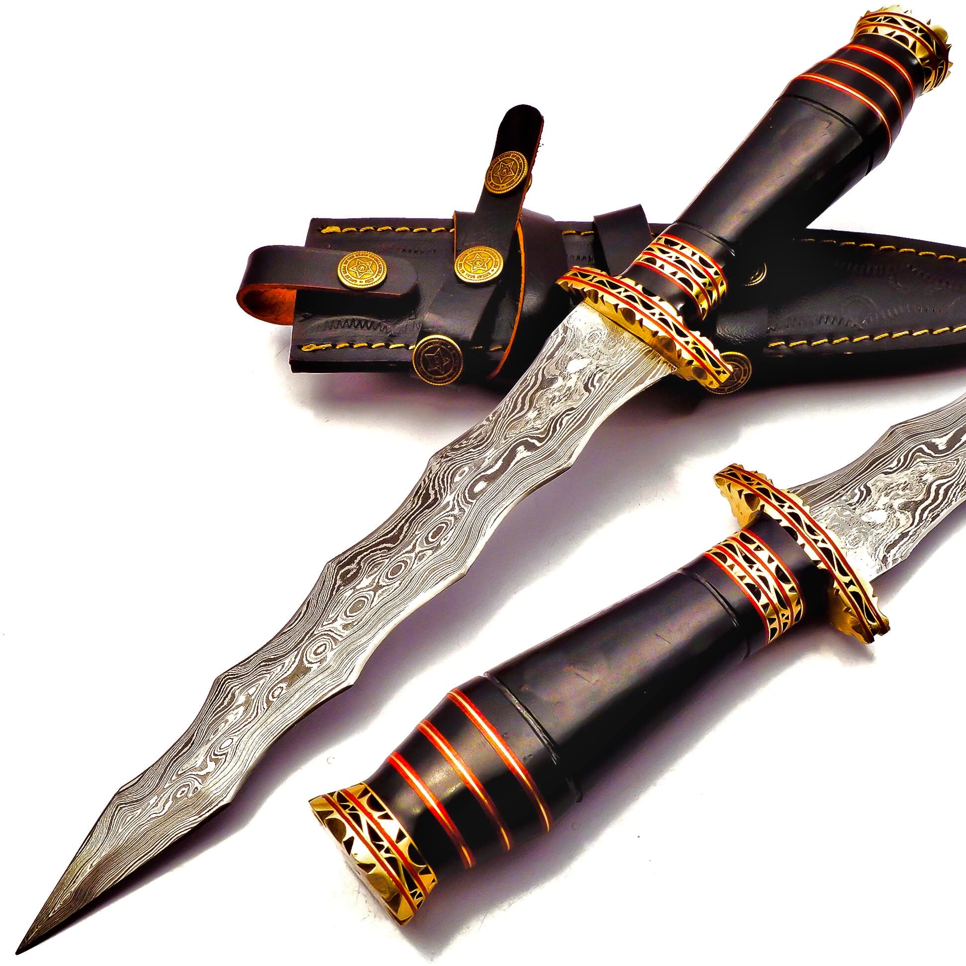 NoonKnives: custom Hand Made Damascus Steel Collectible wavy dagger Knife Handle bull horn with Brass Inserts (Black)