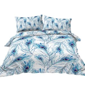 blessliving peacock feather bedding elegant chic peacock duvet cover set 3 piece vintage peacocky feather teal watercolor bed set (queen)