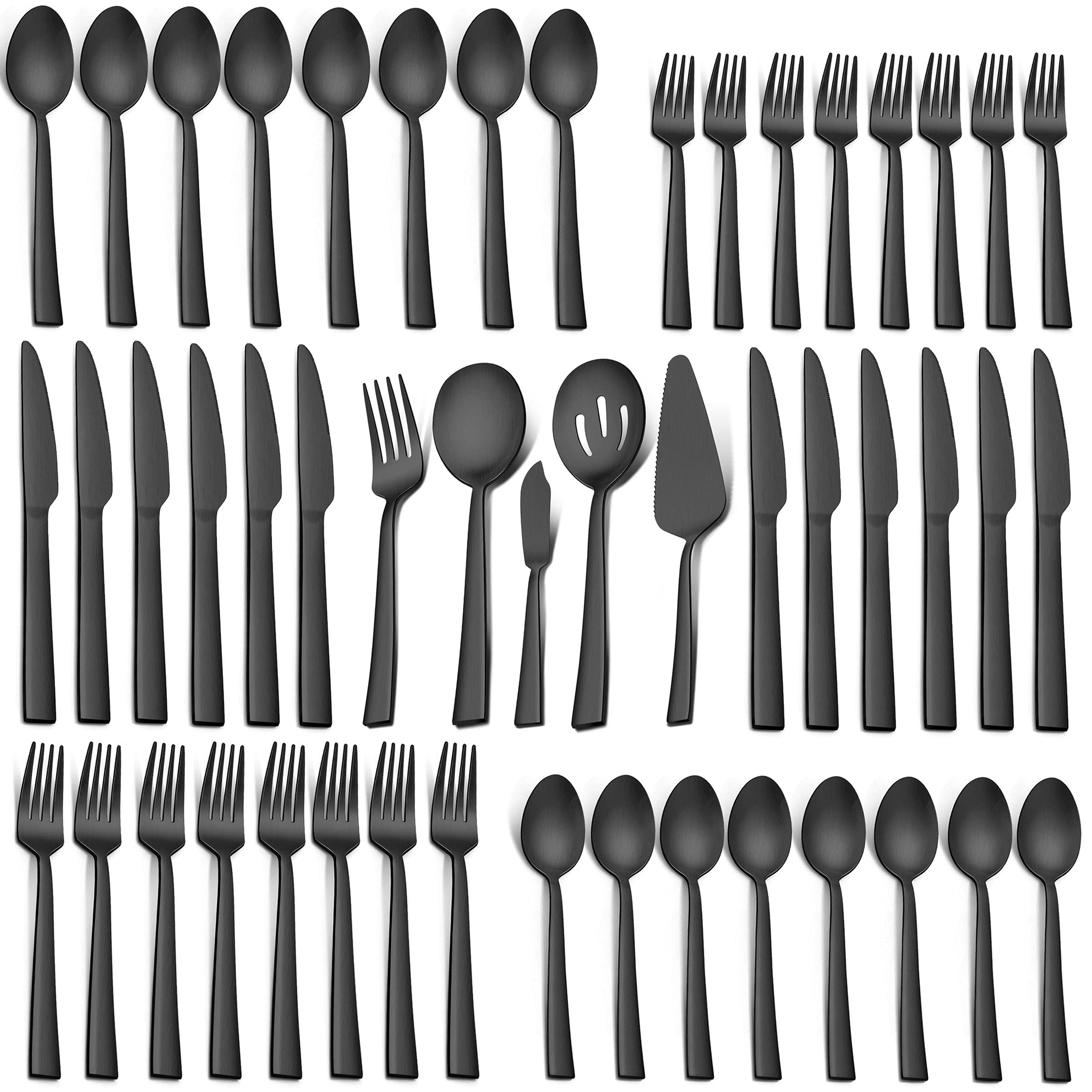 LIANYU 65-Piece Matte Black Silverware Set with Serving Utensils, Stainless Steel Flatware Cutlery Set for 12, Square Tableware Eating Utensils Set for Wedding Home, Satin Finish, Dishwasher Safe