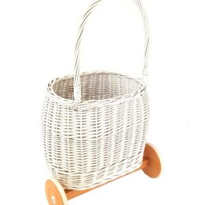 WIKLIBOX Rattan Pully Toy Basket - Handcrafted European Wicker Luggy Toy Storage - Natural, Durable & Stylish Organizer - Perfect for Kids' Rooms, Nurseries & Playrooms | Pink with Pom Poms