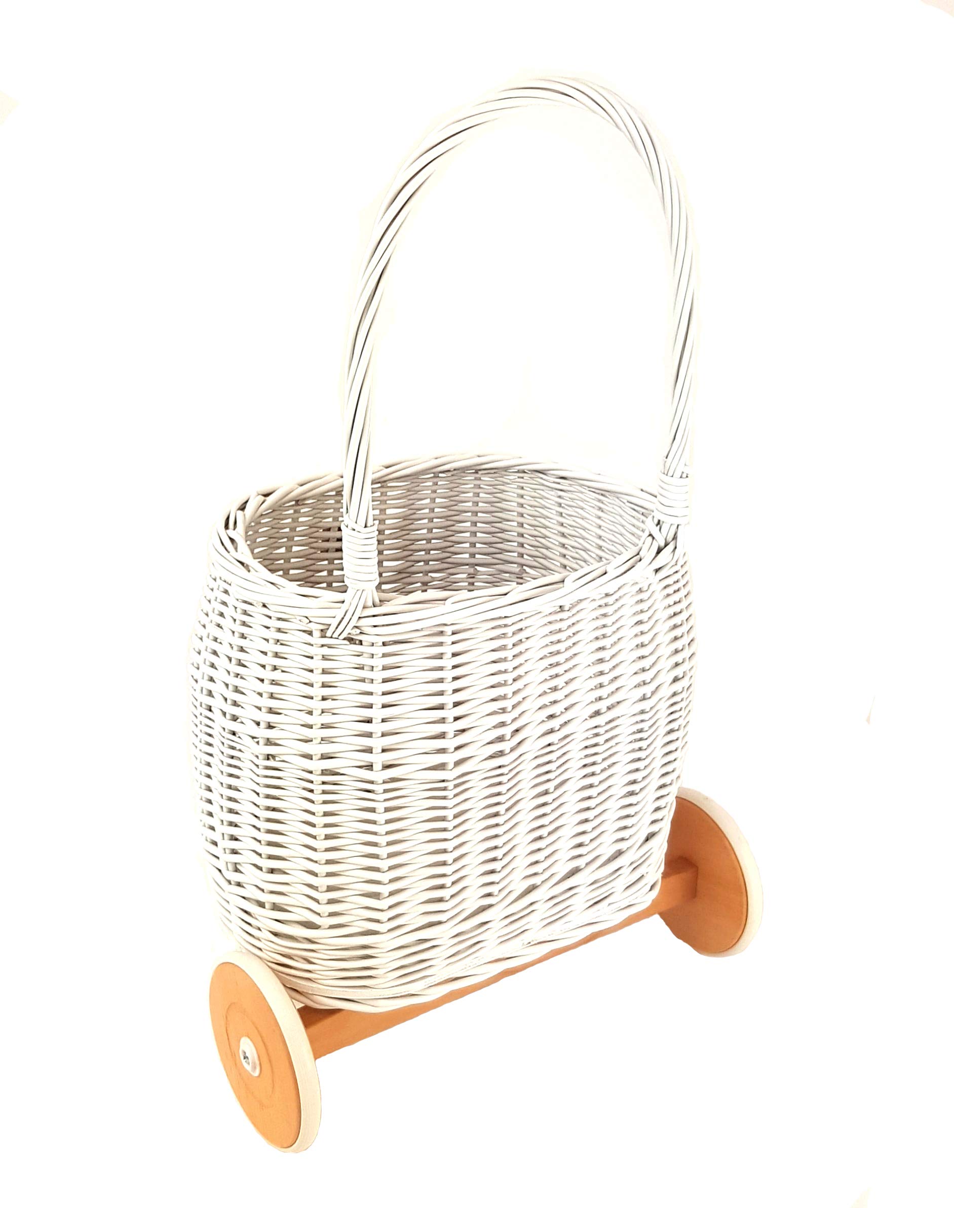 WIKLIBOX Rattan Pully Toy Basket - Handcrafted European Wicker Luggy Toy Storage - Natural, Durable & Stylish Organizer - Perfect for Kids' Rooms, Nurseries & Playrooms | Pink with Pom Poms