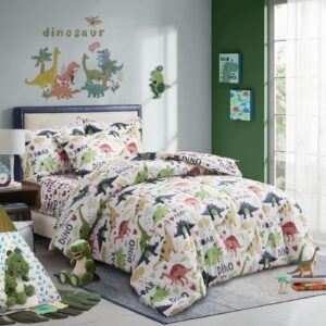 joyreap 7 piece queen size bed in a bag, colorful dinosaur printed on white, microfiber comforter set for kids boys n girls (1 comforter, 2 pillow shams, 1 flat sheet, 1 fitted sheet, 2 pillowcases)