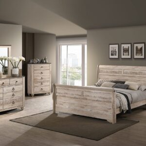 Roundhill Furniture Imerland Bed White-wash Finished 6-Piece Sleigh Headboard Bedroom Set, King