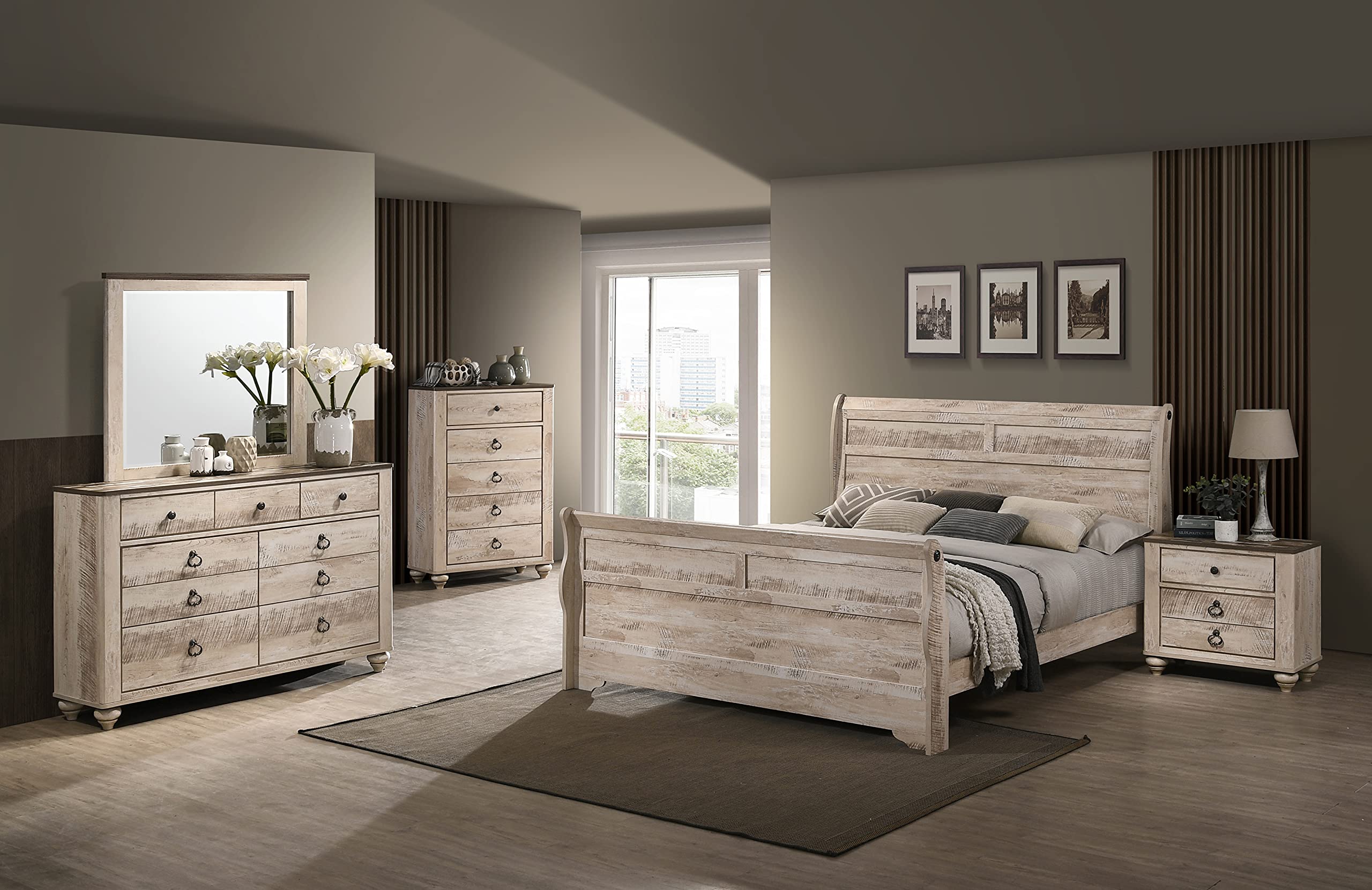 Roundhill Furniture Imerland Bed White-wash Finished 6-Piece Sleigh Headboard Bedroom Set, King