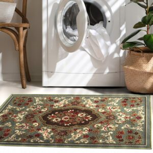 antep rugs alfombras non-skid (non-slip) 2x4 rubber backing modern floral low profile pile kitchen area rugs (green, 2'3" x 4')