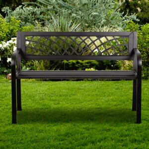 homeclever metal garden park bench, 45.5inch powder coated cast iron pvc mesh pattern design patio bench w/armrests sturdy steel frame, outside for front porch path yard lawn deck furniture, black