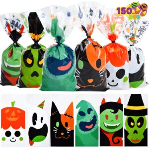 joyin 150 pcs halloween cellophane treat bags with twist ties, halloween cellophane clear candy bags for trick or treat, halloween cookie and goodies gift bags for party favor supplies