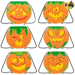 JOYIN 6 Pcs Halloween Drawstring Treat Bags, Large Halloween Pumpkin Face Backpacks for Kids, 17" Halloween Trick or Treat Candy Bags, Goodie Gift Bags for Halloween Party Favor Supplies