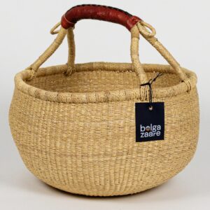 bolga zaare market basket, handmade in ghana by women artisans, natural, large, 16"-18" diameter x 9"-10" h, red handle (1 basket)