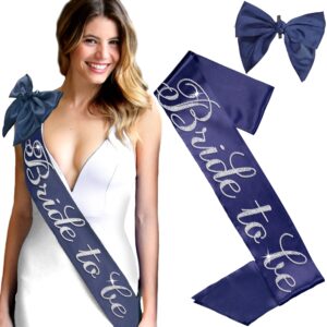 blue bride sash - set of 2: crystal flirty bride to be on navy blue bridal grade satin sash & navy satin bow clip - something blue for bride - set2(flrt sshbw) nvy