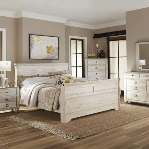 Roundhill Furniture Imerland Bed White-wash Finished 6-Piece Sleigh Headboard Bedroom Set, King