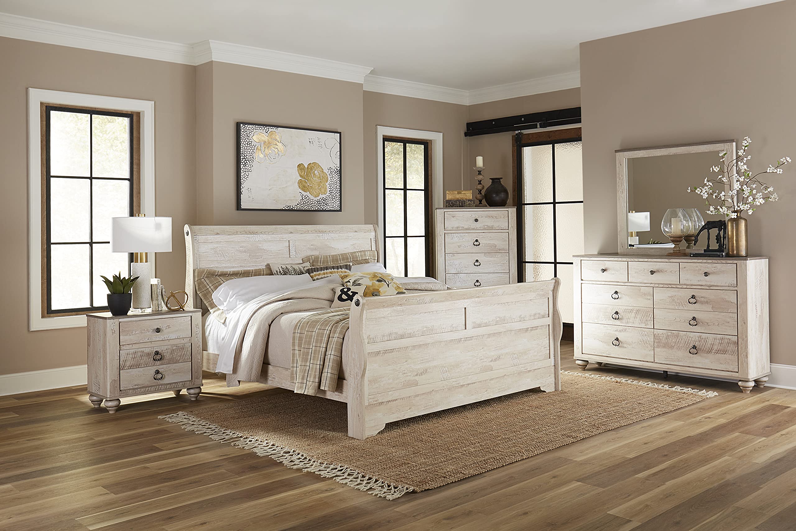 Roundhill Furniture Imerland Bed White-wash Finished 6-Piece Sleigh Headboard Bedroom Set, King