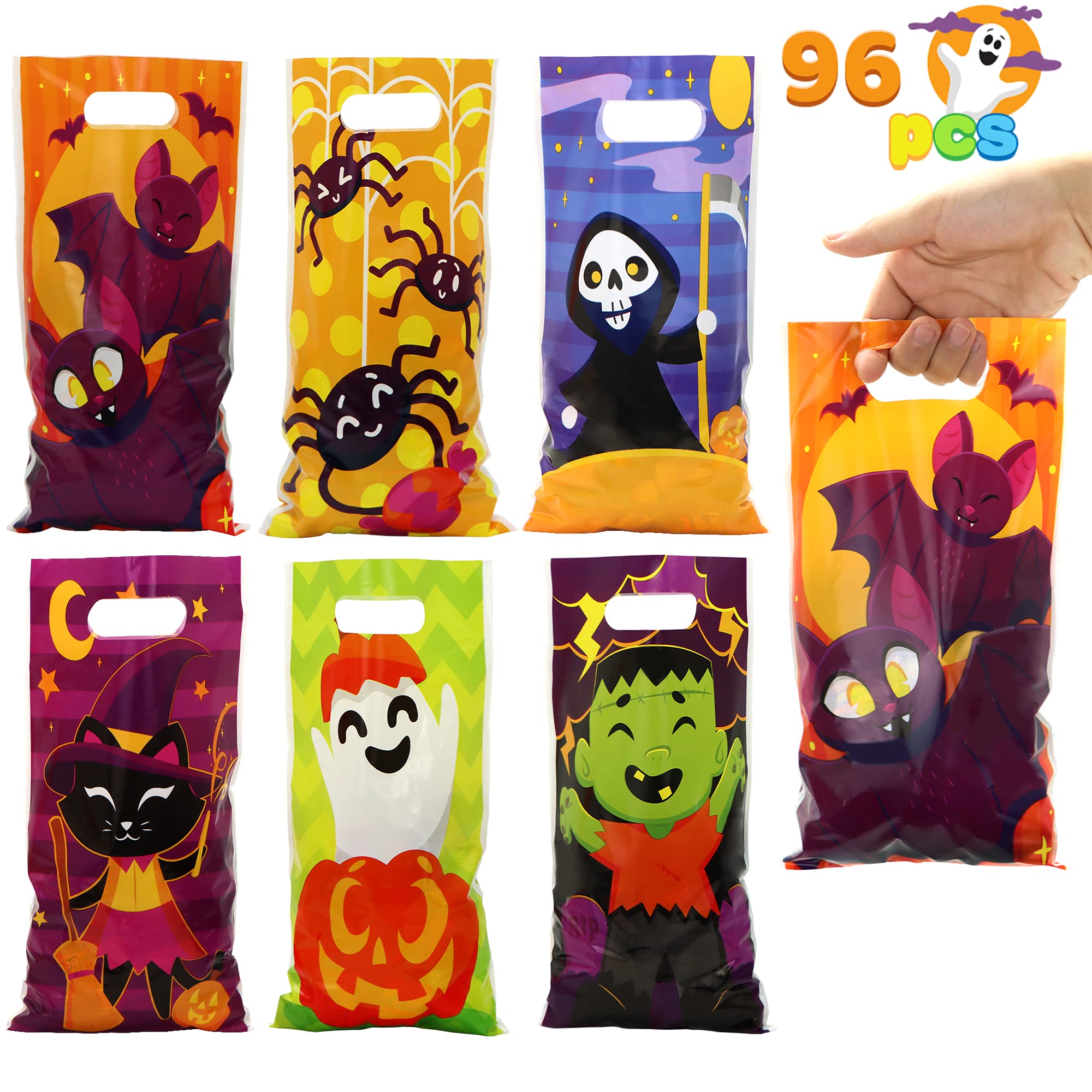 JOYIN 96 Pcs Halloween Candy Treat Bags in 6 Multi Character Designs, Halloween Goodie Gift Bags Party Favors, Halloween Trick or Treat Bags, Event Party Supplies