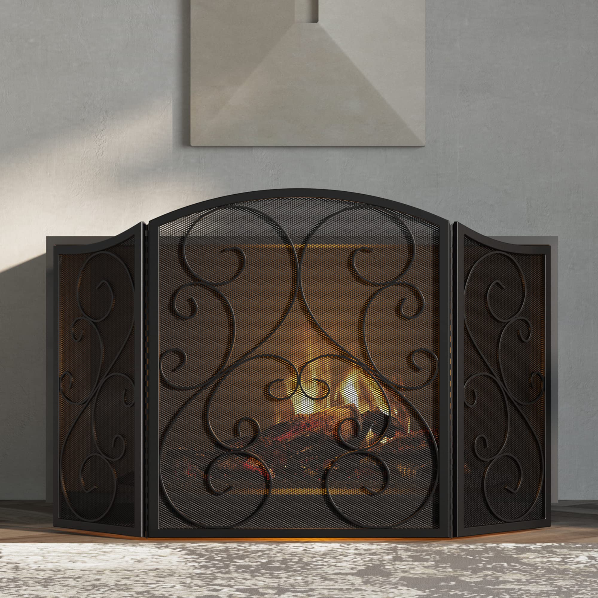 Fire Beauty Fireplace Screen 3 Panel Wrought Iron Metal 48"(L) x30(H) Spark Guard Cover(Sanded Black)