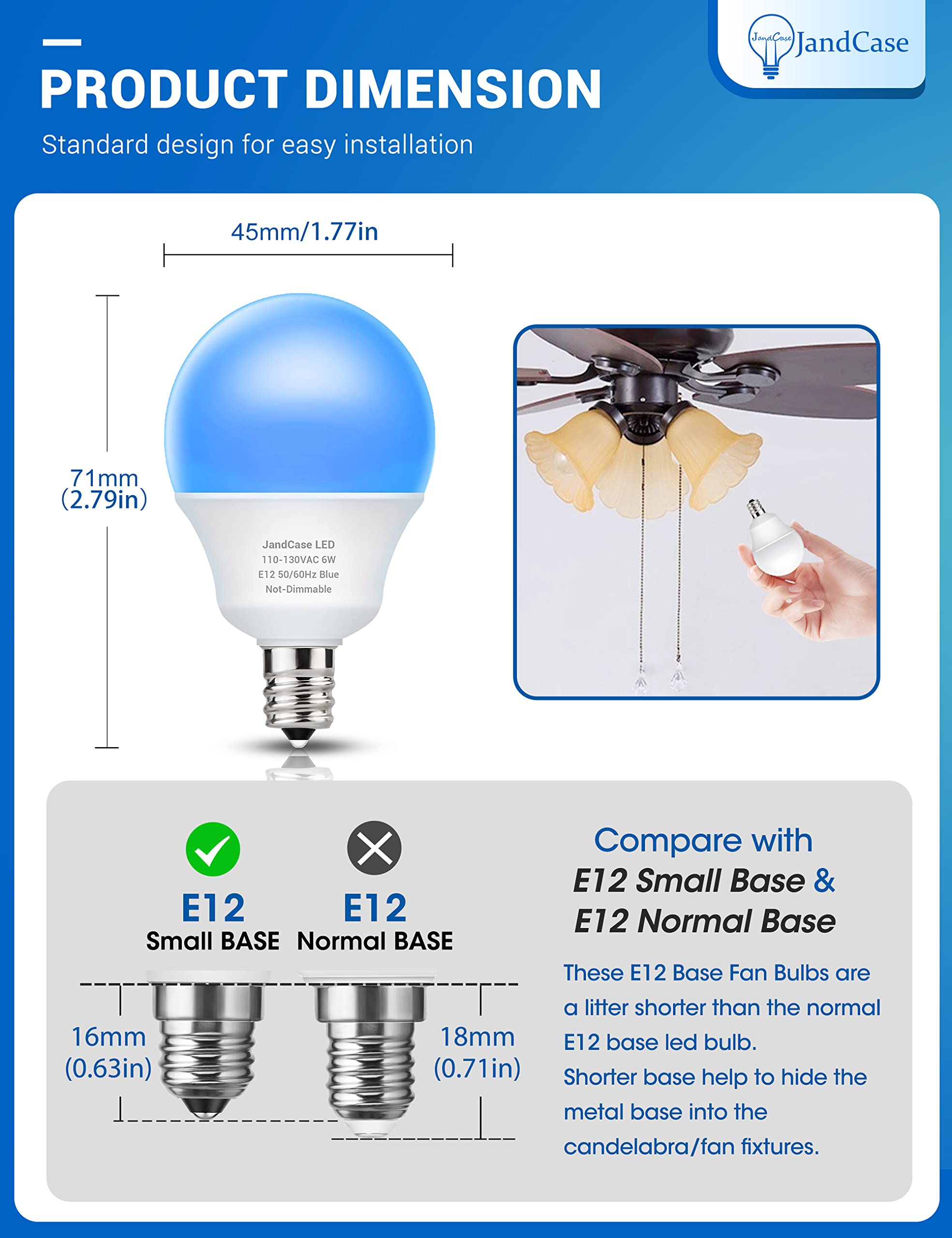 JandCase E12 LED Bulbs 60Watt Equivalent [12 Pack], LED Ceiling Fan Light Bulbs Small Base, 5000K Daylight G14 Small Base Light Bulb for Ceiling Fan Light Fixture, Non-Dimmable, UL Listed