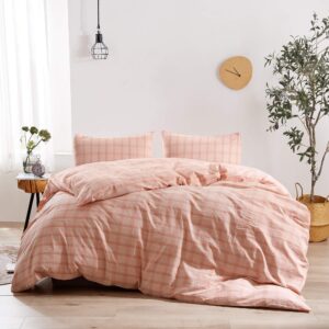 home soft things 100% washed cotton duvet cover 3 piece set, king 102" x 90", soft pink kolkata grid plaid bedding set with zipper closure, ultra soft and easy care, 1 duvet cover 2 pillow shams