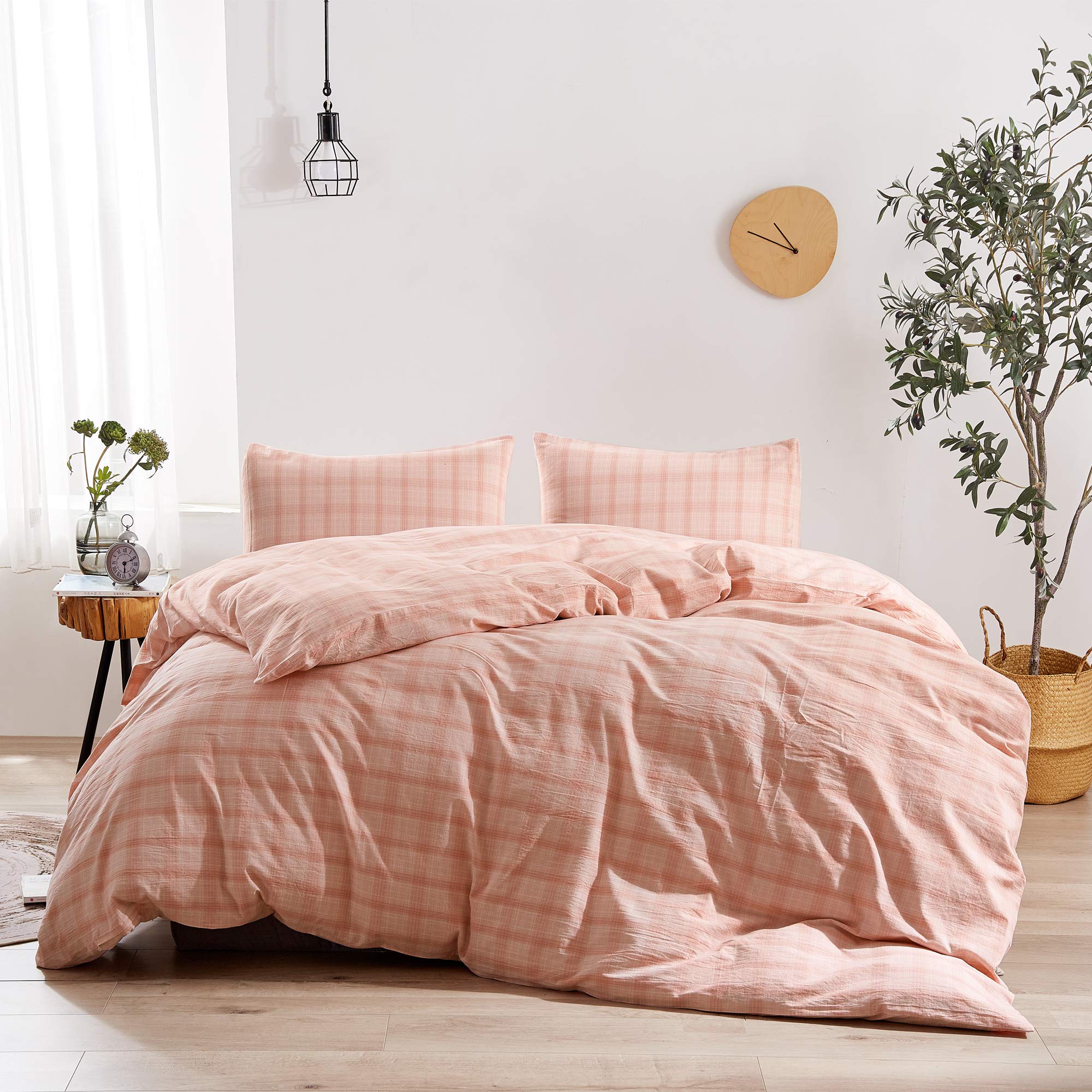 Home Soft Things 100% Washed Cotton Duvet Cover 3 Piece Set, King 102" x 90", Soft Pink Kolkata Grid Plaid Bedding Set with Zipper Closure, Ultra Soft and Easy Care, 1 Duvet Cover 2 Pillow Shams